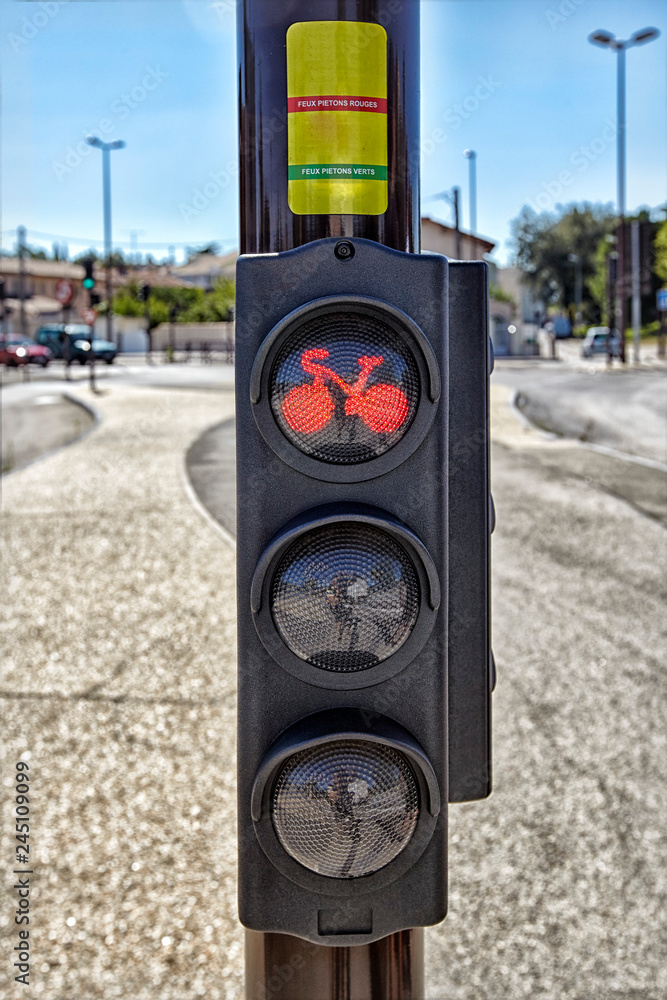 Bicycle traffic light switched to red colour in Avignon, France Stock ...