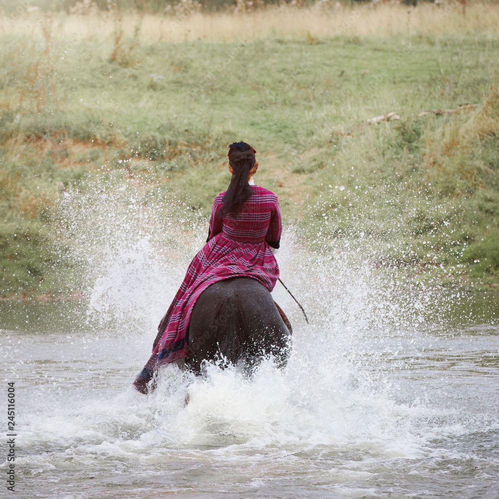 Poster Lady riding a horse in a sidesaddle and historical costume of ...
