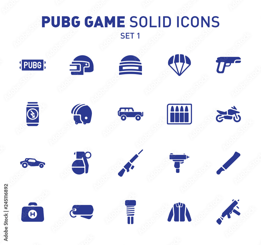 PUBG game glyph icons. Vector illustration of combat facilities. Solid ...