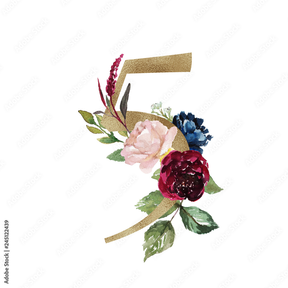 Floral Numbers - digit 5 with flowers bouquet composition and delicate ...