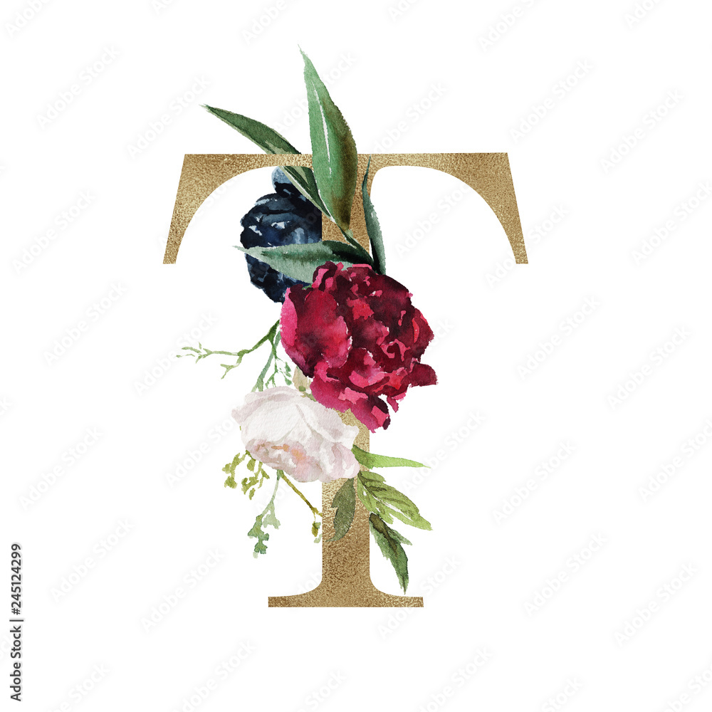 Floral Alphabet - letter T with flowers bouquet composition and ...