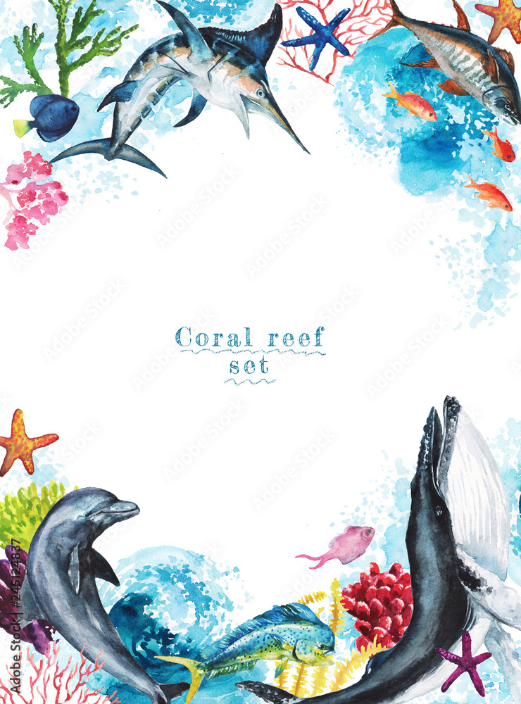 Watercolor marine frame collage - hand-drawn marine illustrations ...