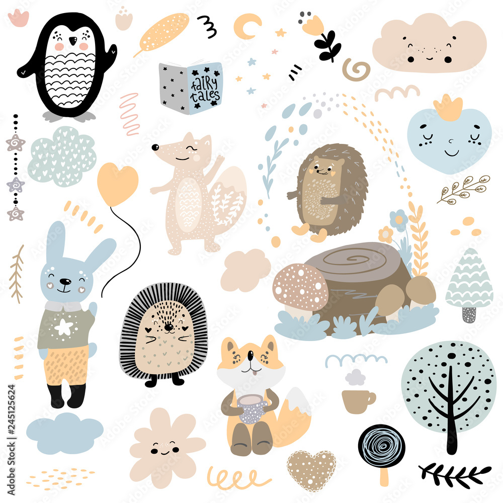 Scandinavian kids doodles elements pattern set of cute color wild ...