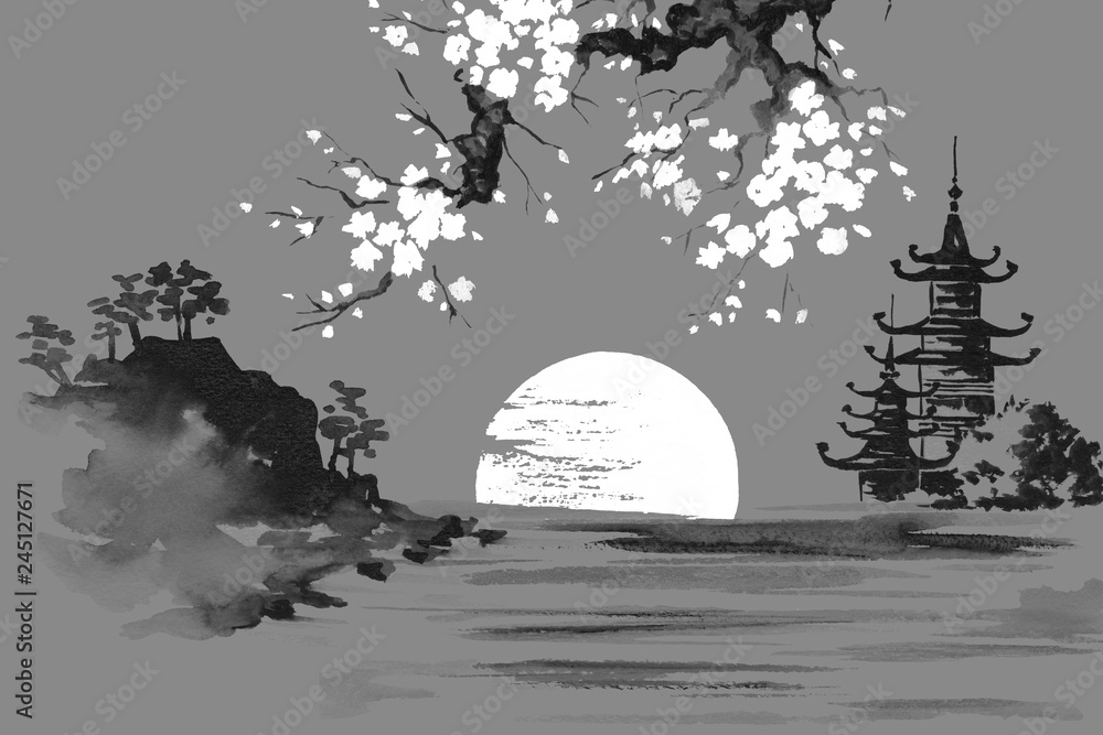 Japan Traditional japanese painting Sumi-e art Sun Lake Hill Mountain ...