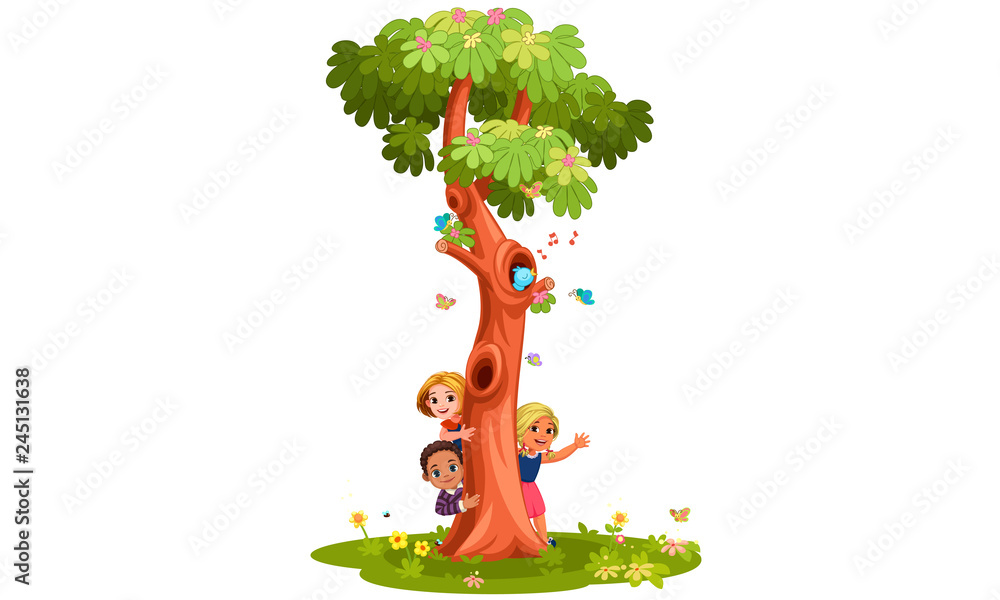 kids behind the tree vector illustration Stock Vector | Adobe Stock