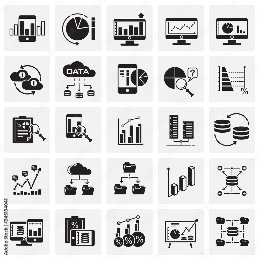 Data analysys icons set on squares background for graphic and web ...
