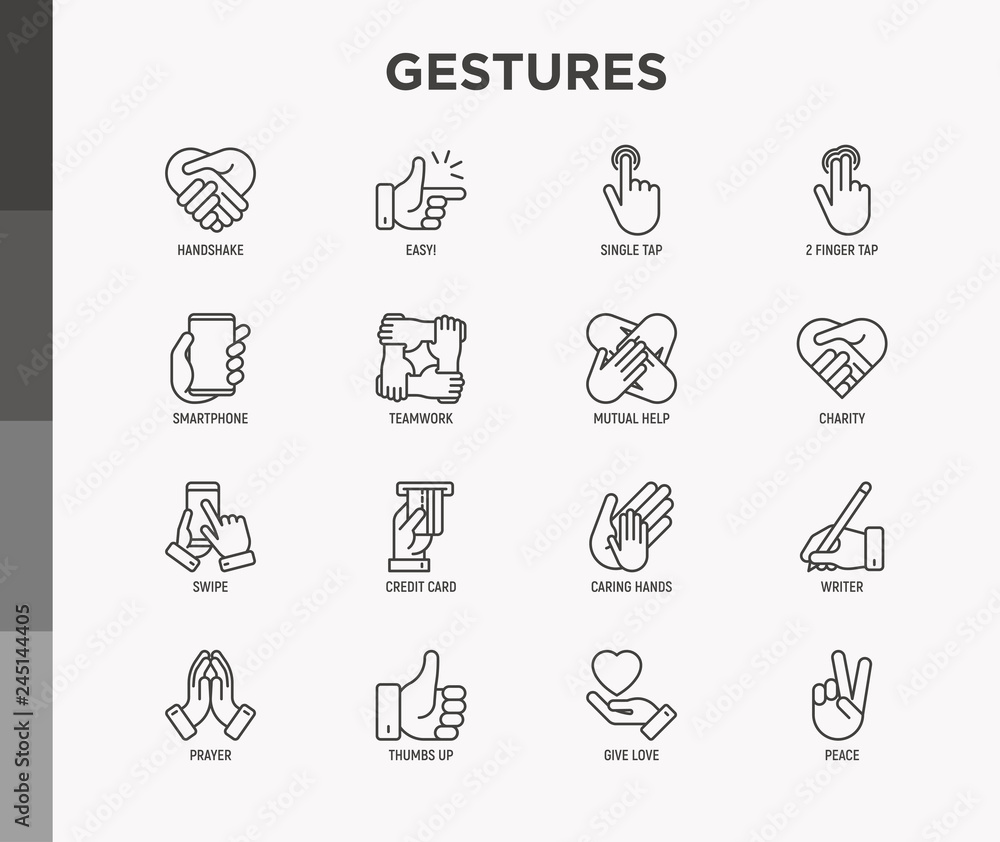Hands gestures thin line icons set: handshake, easy sign, single tap, 2 ...