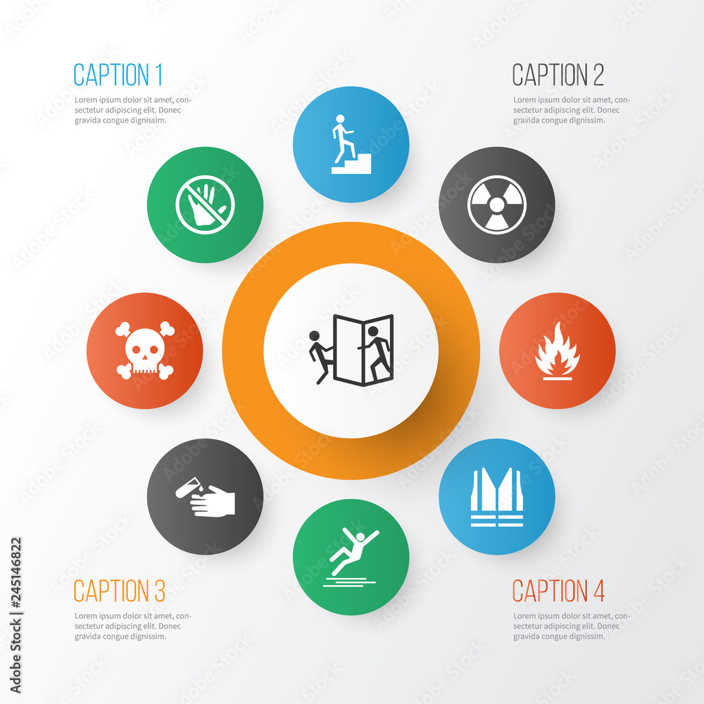 Safety icons set with safety vest, caution, beware of opening door and ...