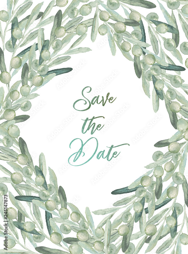 Watercolor olive floral illustration - olive branch frame / wreath for ...