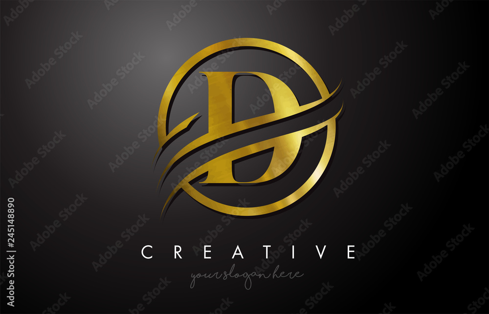 D Golden Letter Logo Design with Circle Swoosh and Gold Metal Texture ...