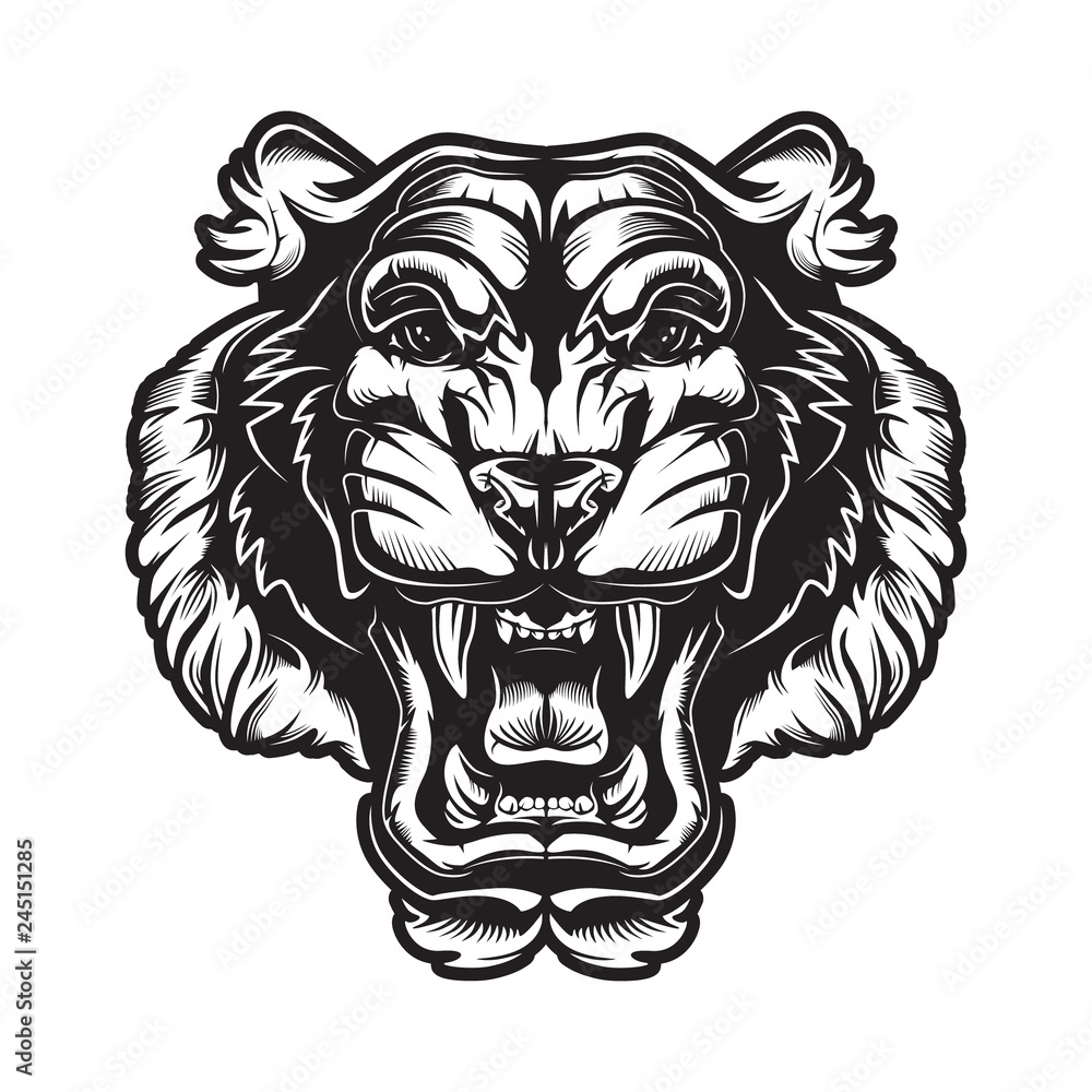 Tiger angry face tattoo. Vector illustration of big cat head. Tiger ...
