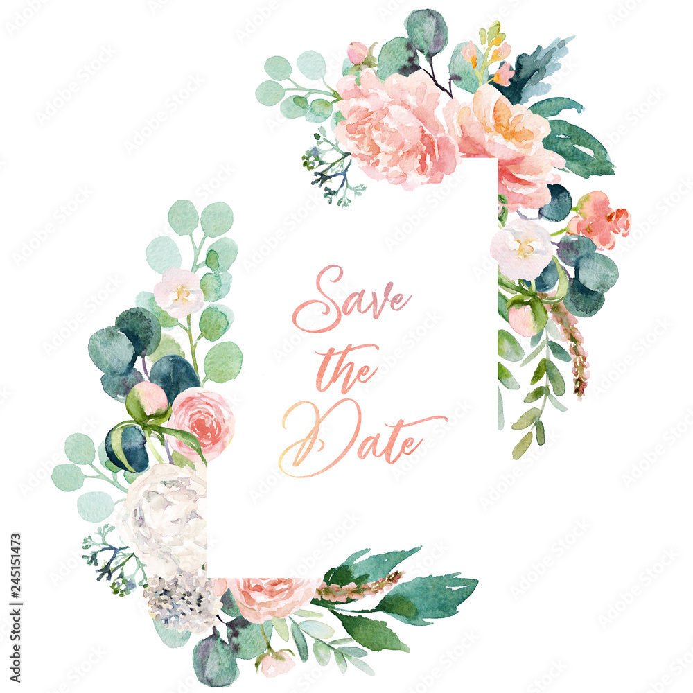 Watercolor floral illustration - wreath / frame with bright peach color ...