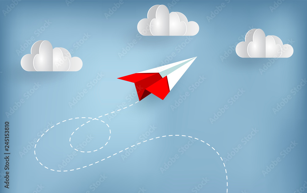 paper plane fly up to sky while flying above a cloud. creative idea ...