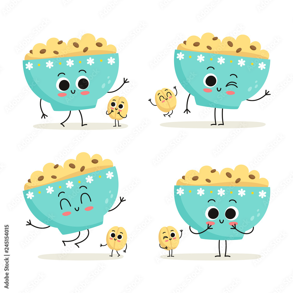 Oatmeal. Cute cartoon vegan protein food vector character set isolated ...