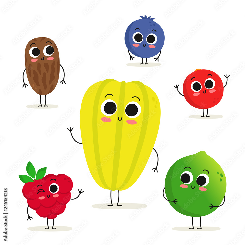 Set of 6 cute cartoon fruit and berry characters isolated on white ...