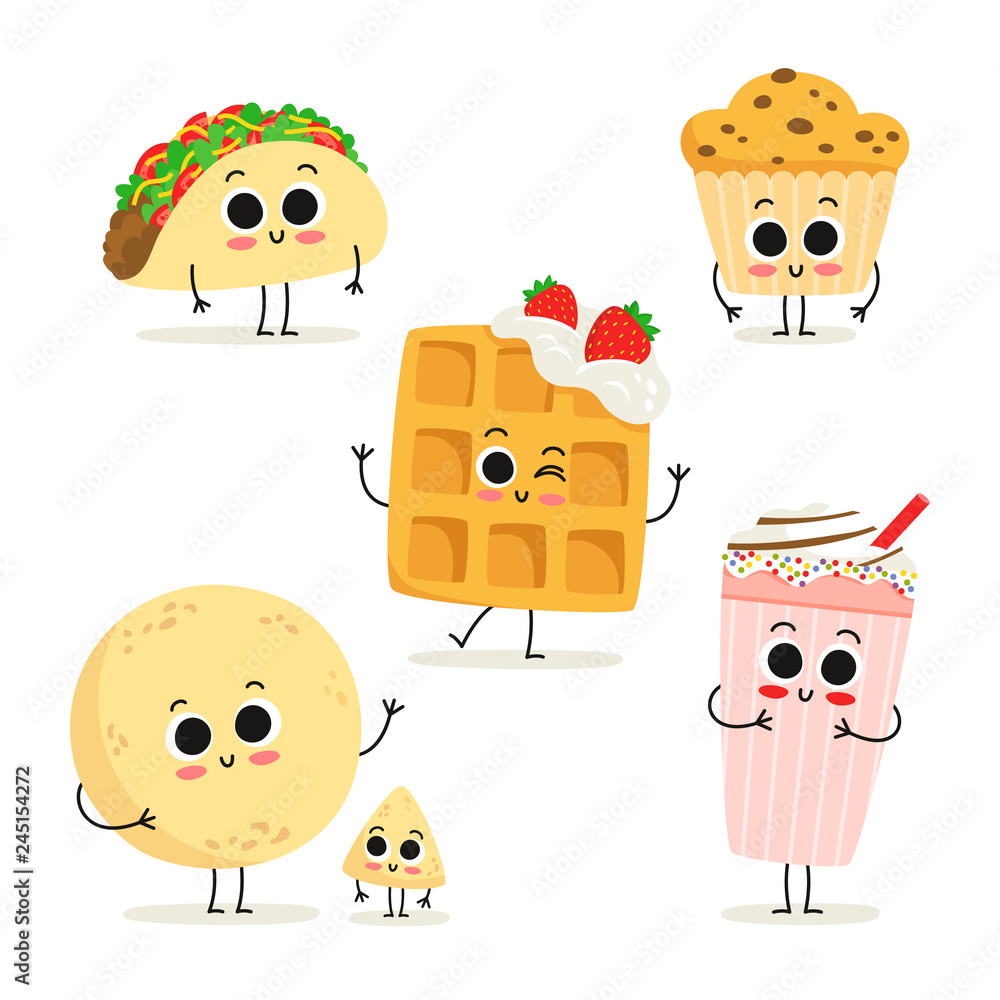 Set of 6 cute cartoon fast food snack characters isolated on white ...
