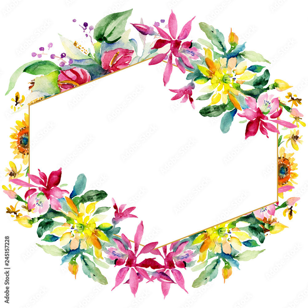 Red, yellow and orange flower bouquets. Watercolor background ...