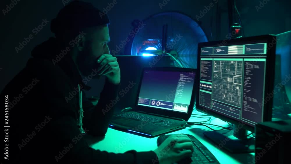 Hackers breaking server using multiple computers and infected virus ransomware. Cybercrime ...