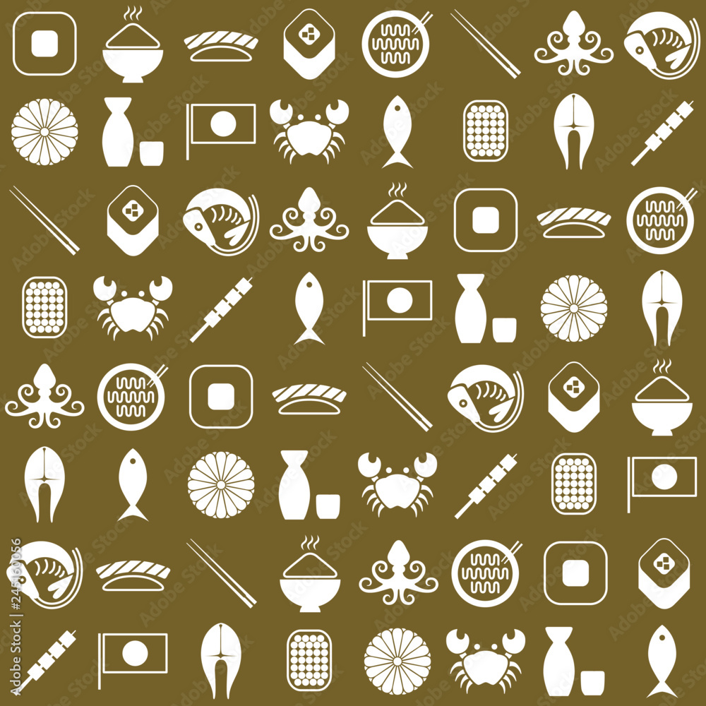 Set of 16 vector icons of Japanese traditional food: sushi, rolls ...