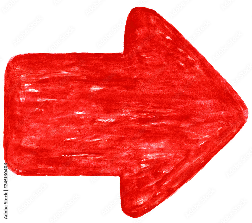 Red arrow sign has drawn by watercolor paint brush stroke and has a ...