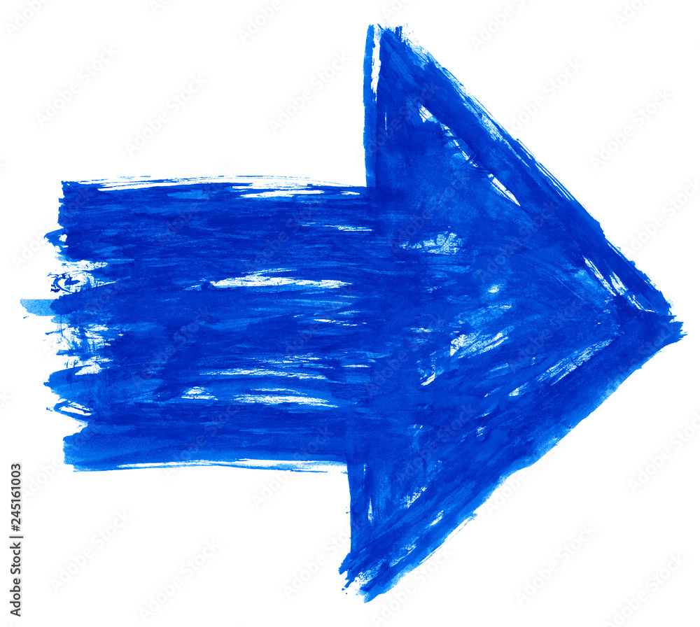 Blue arrow sign has drawn by watercolor paint brush stroke and has ...