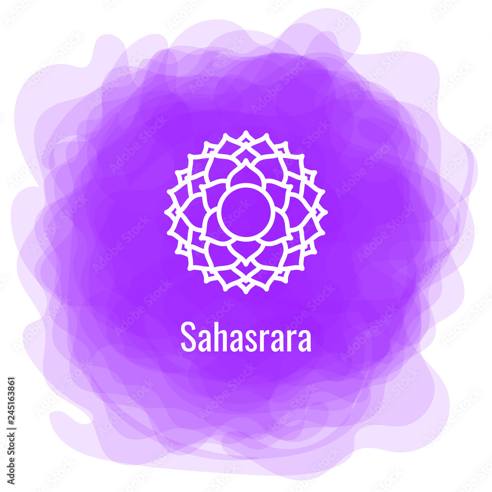 Sahasrara icon. The seventh crown, parietal chakra. Vector purple smoky ...