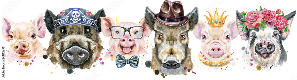 Border from pigs. Watercolor portraits of pigs and boars Stock ...