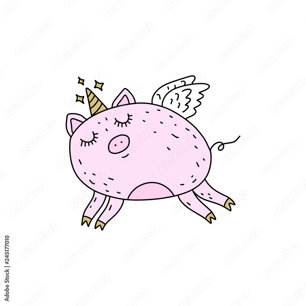 Vector fabulous pig girl unicorn art. Magical unipig. Stock Vector ...