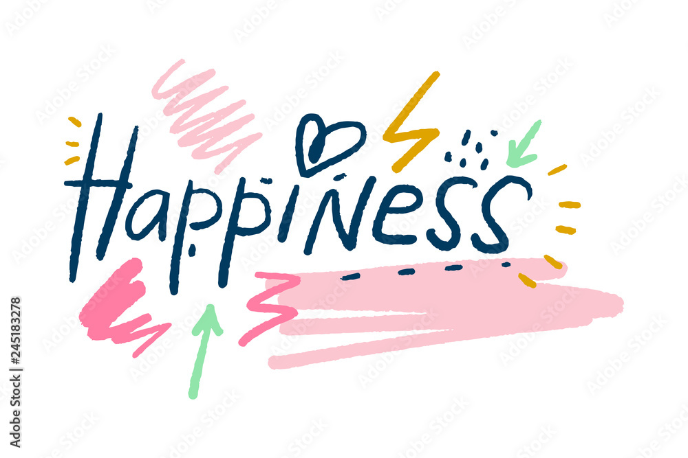 Hand lettered Happiness text, type label, print. Vector Illustration ...