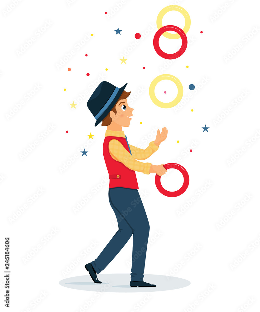 Juggler performs a circus trick.Artist jugging rings.Circus performer ...