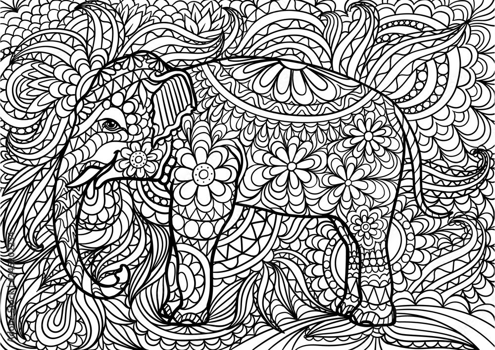 Indian elephant doodle coloring for adults. Hand drawn doodle. Stock ...