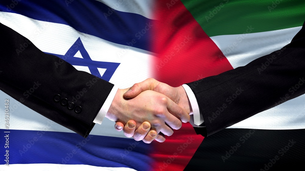 Israel and Palestine handshake, international friendship policy, flag ...