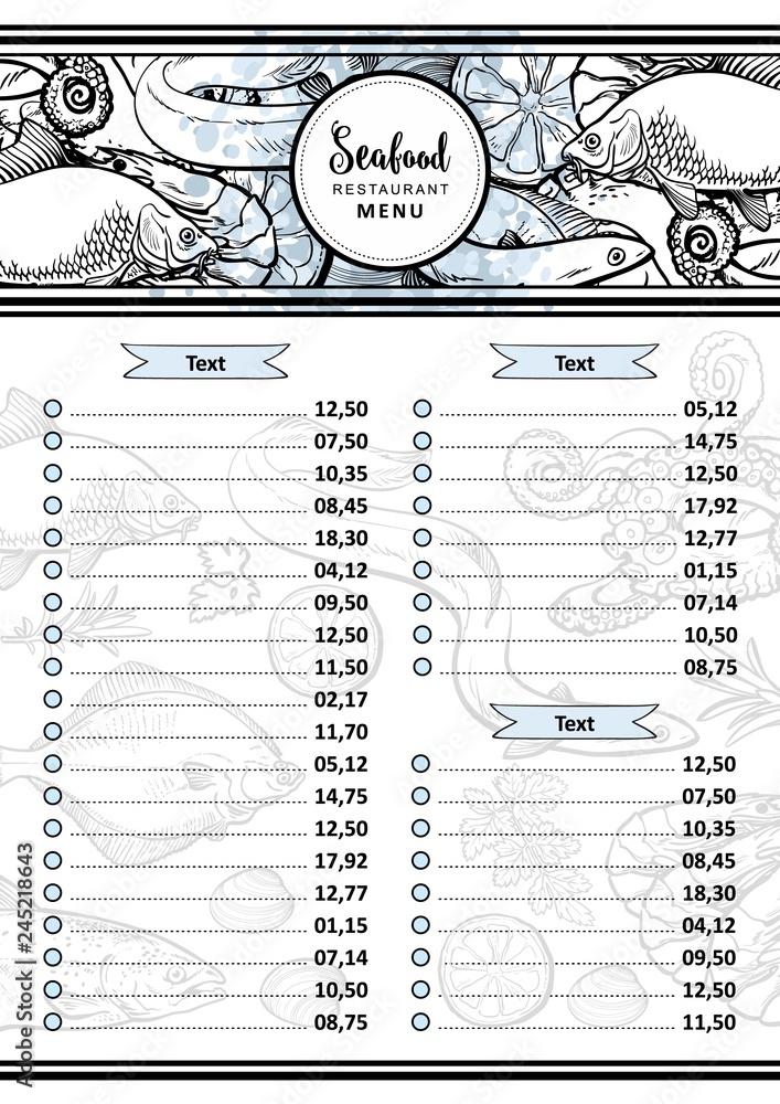 Vector illustration of seafood restaurant or market menu or price list ...