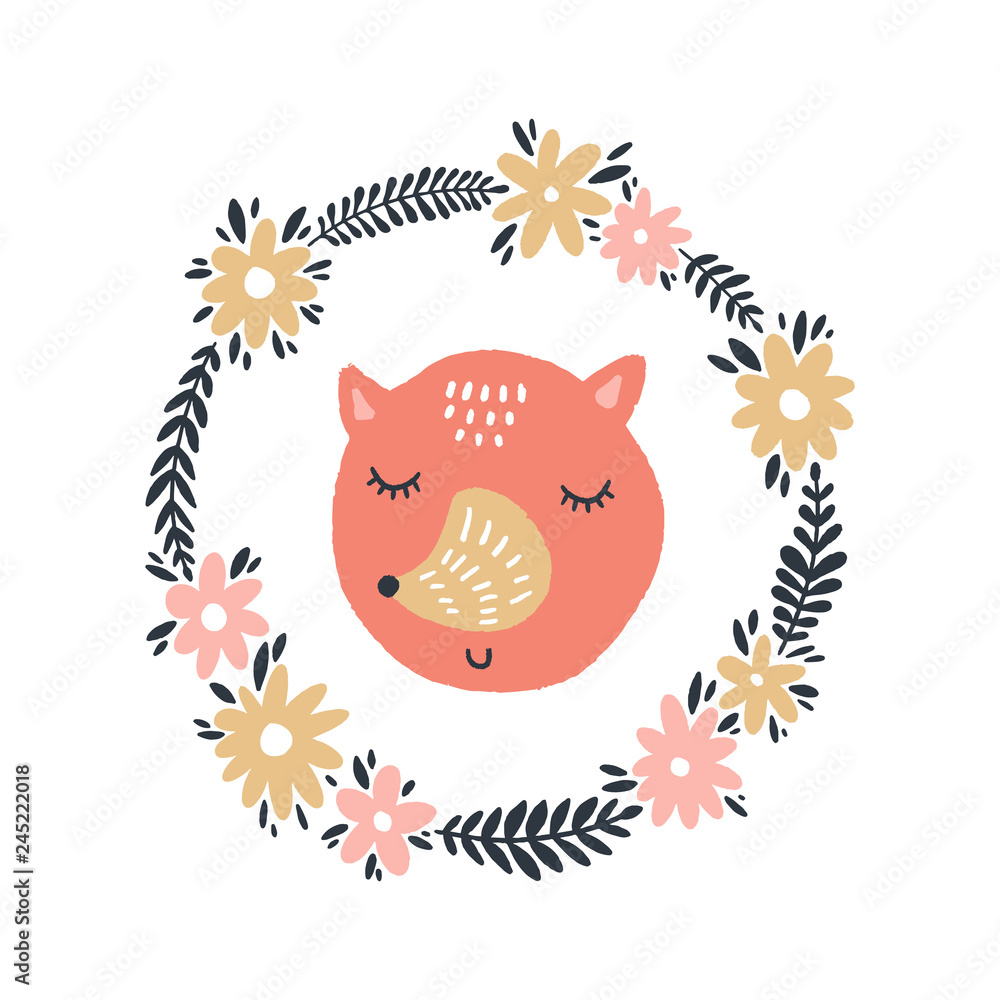Cute baby fox art, floral frame template. Baby print. Vector and jpg ...