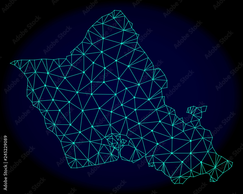 Polygonal vector mesh map of Oahu Island. Connected lines, triangles and points forms abstract ...