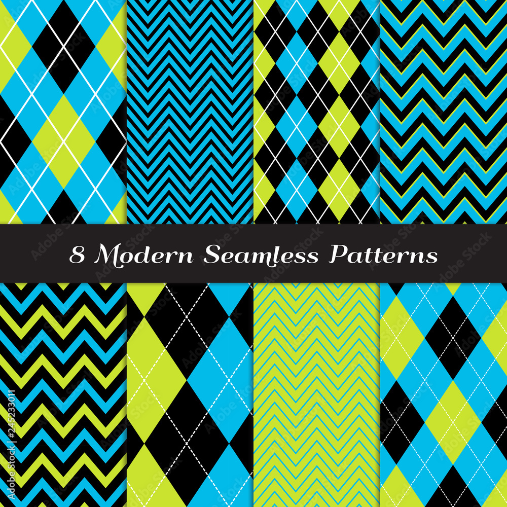 Neon Blue, Lime Green and Black Argyle and Chevron Vector Patterns ...