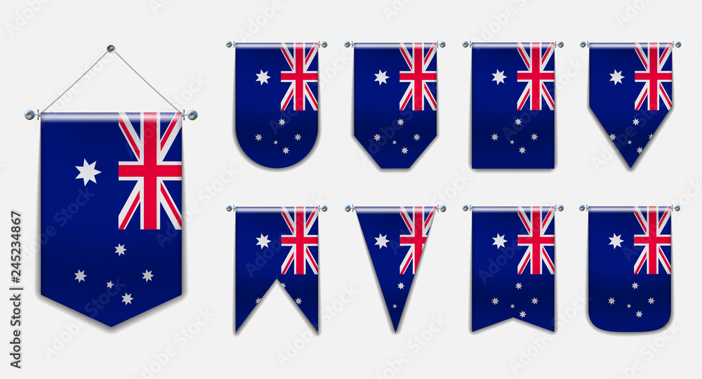 Set of hanging flags of the AUSTRALIA with textile texture.Diversity ...