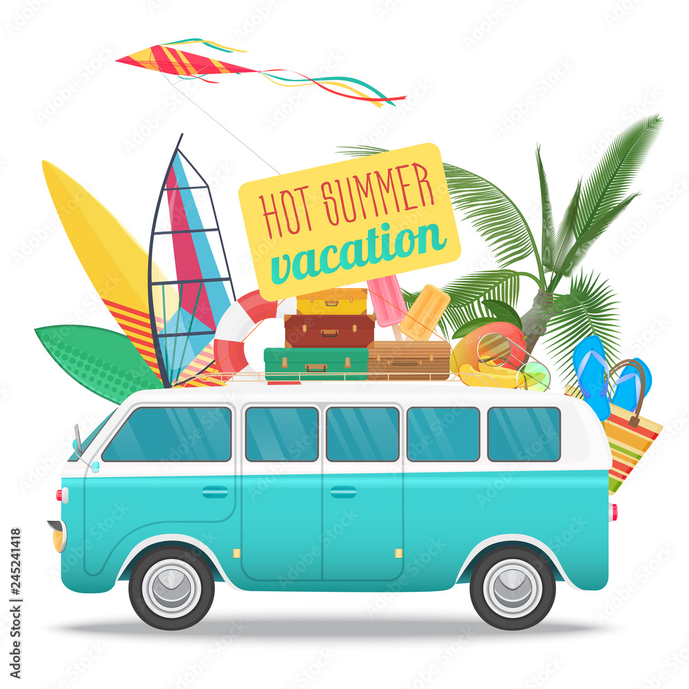 Summer travel vector illustration with vintage bus. Beach concept logo ...