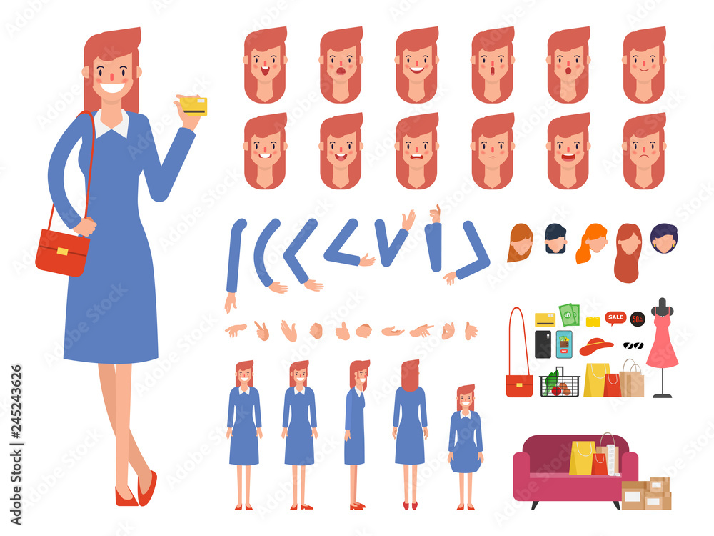 Young woman shopping character creation for animation. Ready for ...