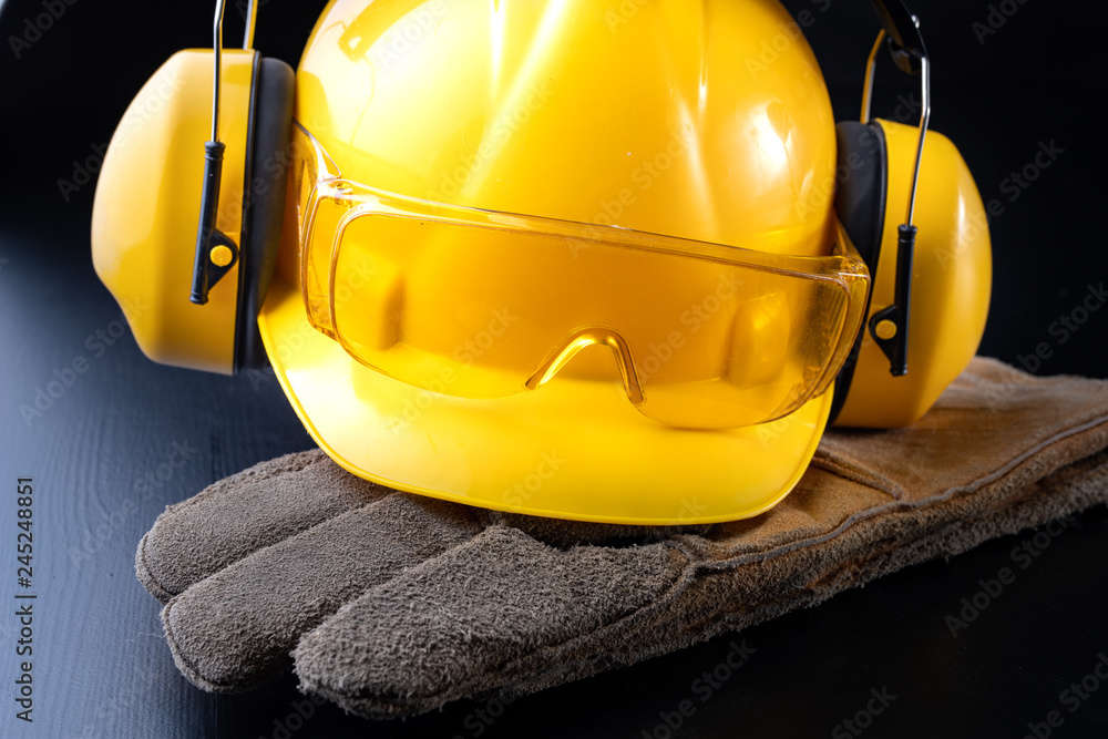 Helmet and accessories for construction workers. Accessories needed for ...