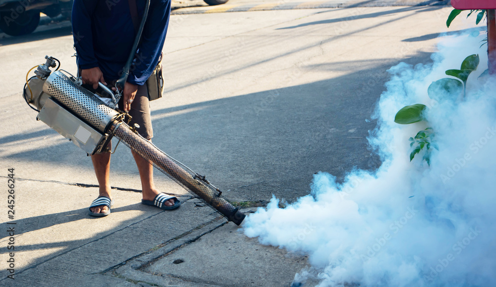Staff are spraying smoke to get rid of fumigation mosquitoes Stock ...