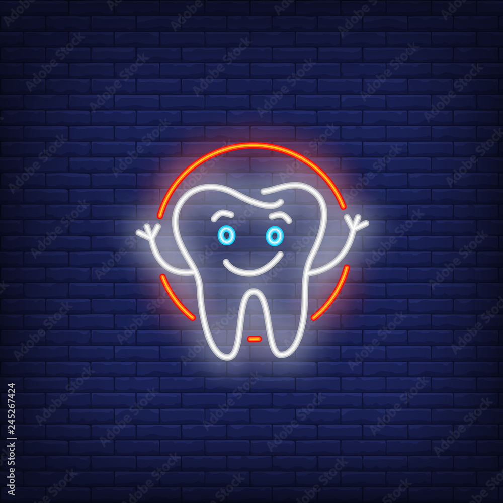 Happy tooth neon sign. Luminous signboard with smiling tooth. Night ...