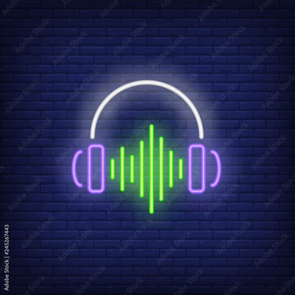 Headphones neon sign. Luminous signboard with earphones and soundwave ...