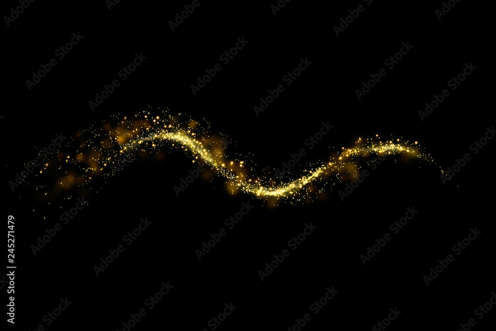 Gold glitter particles lights trail and bokeh on a black background ...