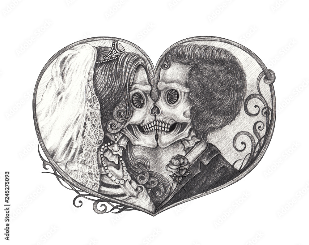 Art Couple Wedding Skull Tattoo. Hand drawing on paper. Stock ...