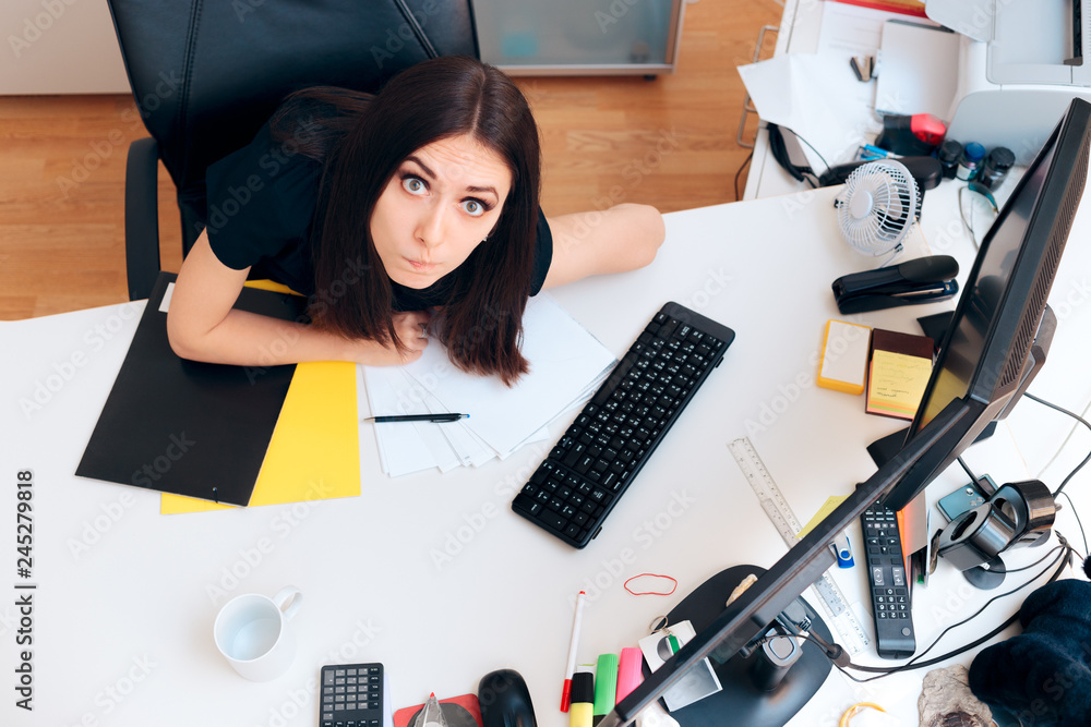 Funny Girl Sitting on Messy Desk Working Overtime Stock Photo | Adobe Stock