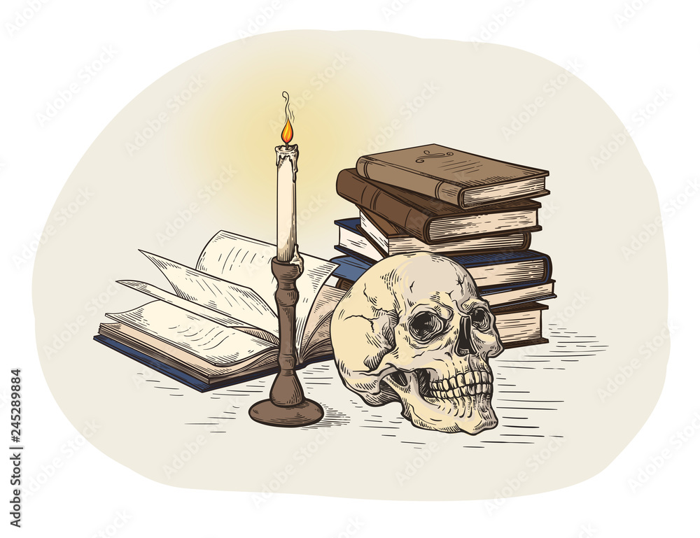 handmade colorull sketch death concept human skull on old books near ...