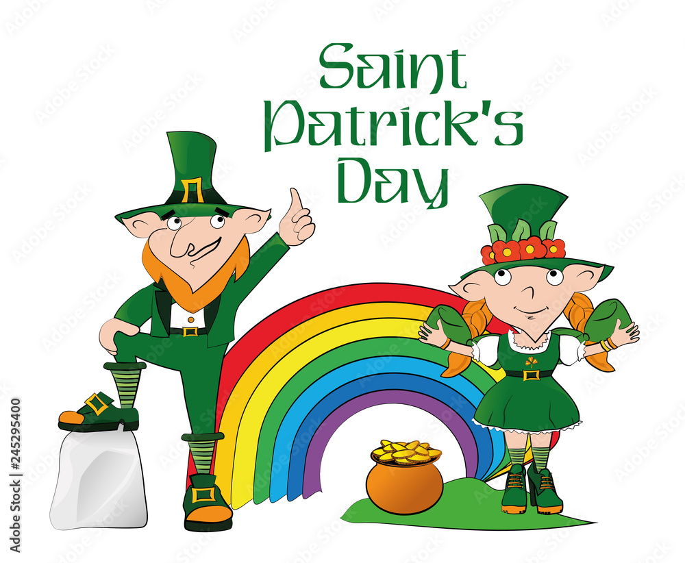 Leprechaun girl and leprechaun man with a pot of gold coins near the ...