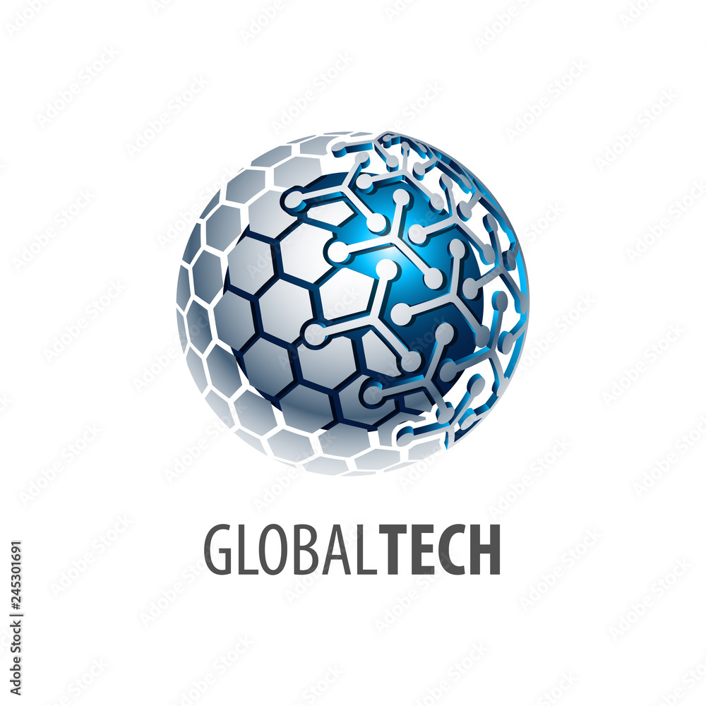 Digital sphere global link technology logo concept design. 3D three ...