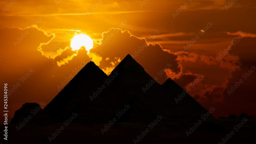 Egypt: The Great Pyramids Of Giza at Sunset, Time Lapse with Red Sun ...